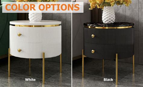 Yelly Modern Round End Table With Storage Black Faux Marble Side Table