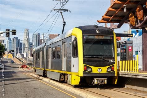 Metro Rail Gold Line Light Rail Train Public Transport At Pico Aliso Stop In Los Angeles United