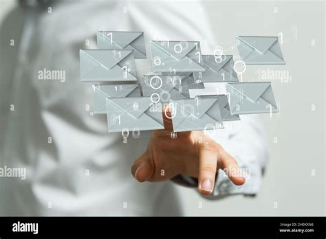 D Rendering Of A Man Pointing At Floating Email Icons Concept Of