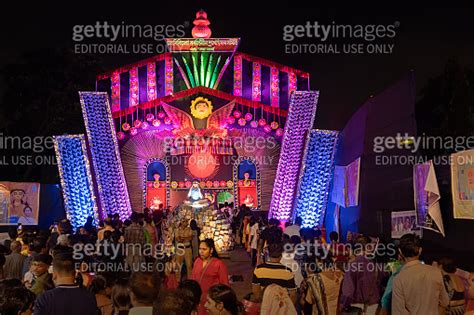 Devotees Visiting Nicely Decorated Durga Puja Pandal Durga Puja Is