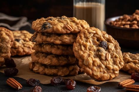 Premium Ai Image A Stack Of Oatmeal Cookies With A Glass Of Milk In