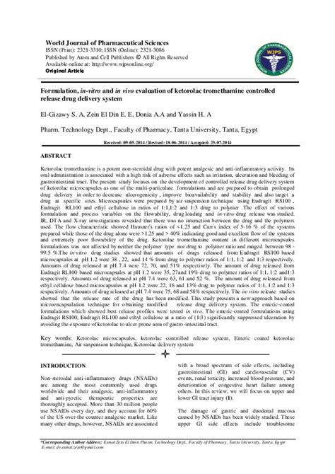 Formulation In Vitro And In Vivo Evaluation Of Ketorolac Tromethamine