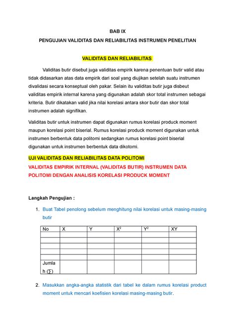 3 UJI Validitas DAN Reliabilitas Instrumen Manual BAB IX PENGUJIAN