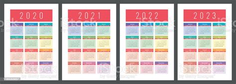 달력 2020 2021 2022 및 2023 영어 색 벡터 집합입니다 수직 벽 또는 포켓 캘린더 템플릿 디자인 컬렉션입니다 새해