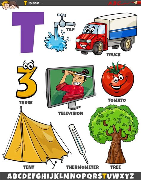 Letter T Set With Cartoon Objects And Characters Stock Vector