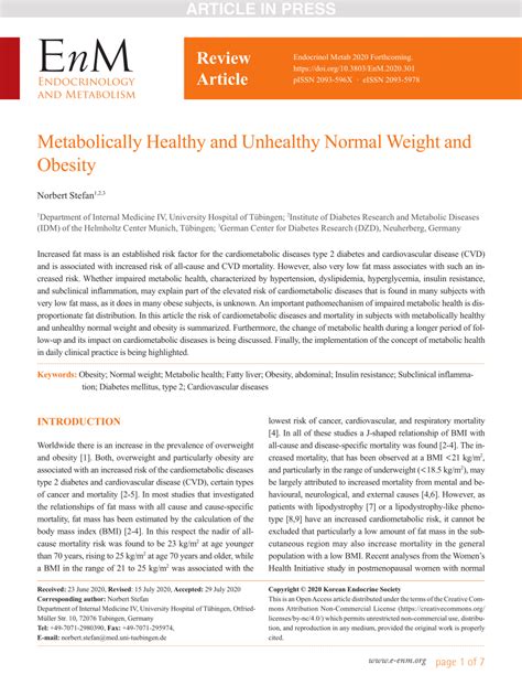 Pdf Metabolically Healthy And Unhealthy Normal Weight And Obesity