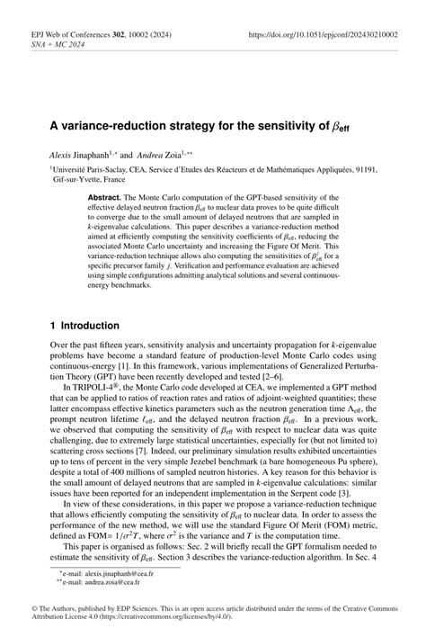 Pdf A Variance Reduction Strategy For The Sensitivity Of βeff
