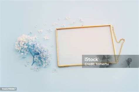 파란색 마른 꽃과 파스텔 배경 위에 복사 공간이 있는 빈 금색 사진 프레임의 상위 뷰 이미지 플랫 레이 0명에 대한 스톡 사진 및 기타 이미지 Istock