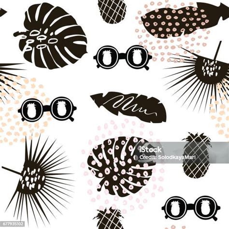 팜 지 손으로 유행 원활한 패턴을 그려 요소 Monstera 잎 Pineaaple 선글라스 직물 섬유 벡터 일러스트 레이 션에 대 한 좋은 0명에 대한 스톡 벡터 아트 및