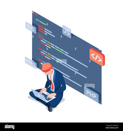 flat 3d isometric businessman as a programmer working on laptop to