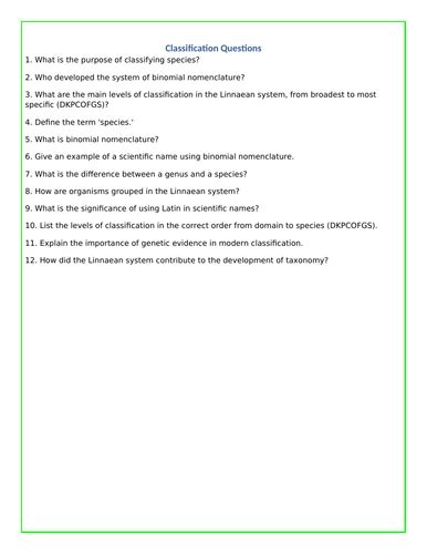 Classification Ks4 Worksheet Questions Only Teaching Resources