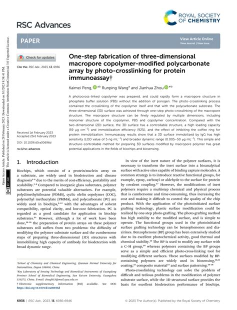 Pdf One Step Fabrication Of Three Dimensional Macropore Copolymer Modified Polycarbonate Array
