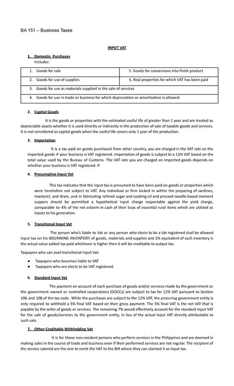 Input Vat Business And Transfer Taxation Ba 151 Business Taxes