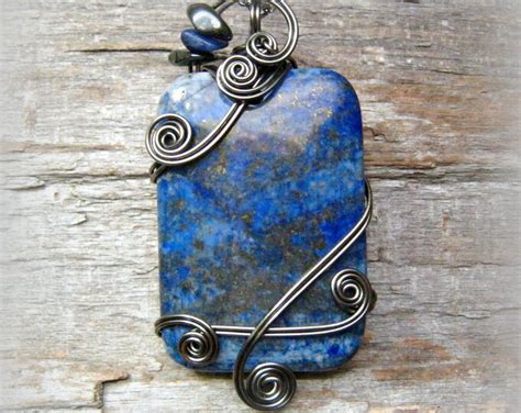 Lapis Lazuli Wire Wrapped Pendant Necklace In Gunmetal Etsy