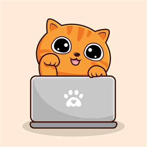 Orange Tabby Cat Playing Laptop Cartoon Waving Hand Paws Orange