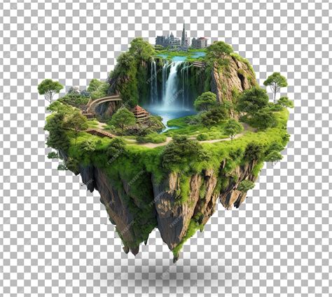 날아다니는 초록색 숲 3d 섬 나무 녹색 풀 산 파란 물과 폭포 고립 프리미엄 Psd 파일