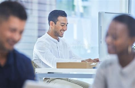 Happy Business And Man With Computer In Office Typing And Keyboard Email Or Programming As