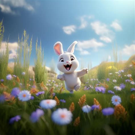 Premium Ai Image 3d C4d Clay Style A Cartoon Bunny Jumping In The Grass