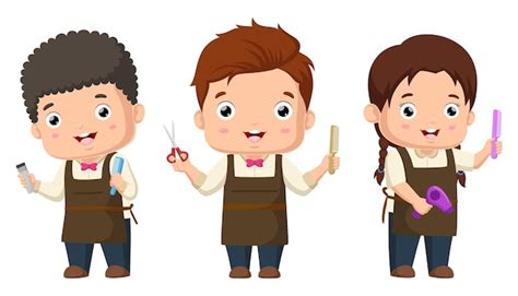 귀여운 미용사 아이 만화 세트 프리미엄 벡터