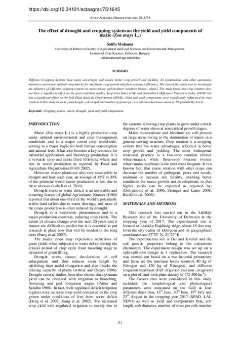 Pdf The Effect Of Drought And Cropping System On The Yield And Yield Components Of Maize Zea