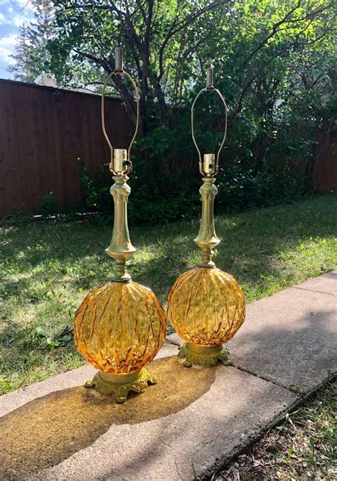 Empoli Amber Glass Italy Lamp Base Pair Hollywood Regency Palm Beach