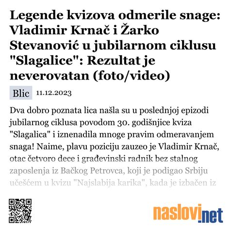 Legende Kvizova Odmerile Snage Vladimir Krnač I Žarko Stevanović U Jubilarnom Ciklusu