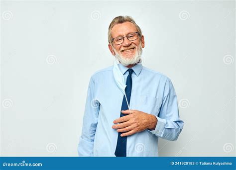 Photo Of Retired Old Man In Shirt With Tie Medical Mask Safety Light