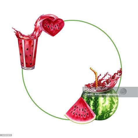 수박과 수박 주스가 있는 둥근 프레임 수채화 그림입니다 라벨 포장을 위한 디자인 솔루션 0명에 대한 스톡 벡터 아트 및 기타