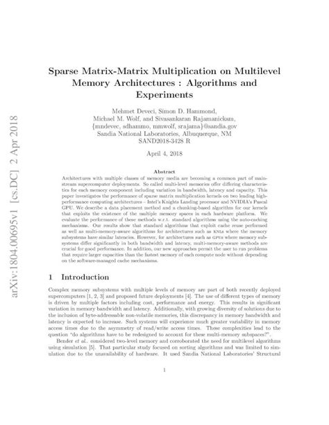pdf sparse matrix matrix multiplication on multilevel memory … · 2018
