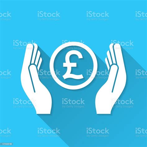 손 사이의 파운드 동전 파란색 배경에 아이콘 긴 그림자가 있는 평면 디자인 3차원 형태에 대한 스톡 벡터 아트 및 기타 이미지 3차원 형태 개념 경제 Istock