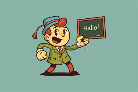 Retro Cartoon Character Holding Hello Chalkboard Stock Vector