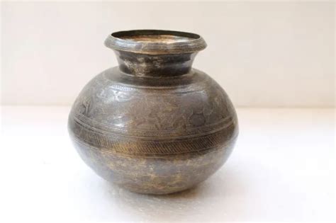 VINTAGE BRASS WATER Vessel Old Floral Design Figure Brass Lota