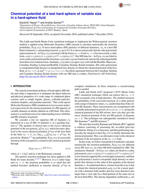 Pdf Chemical Potential Of A Test Hard Sphere Of Variable Size In A Hard Sphere Fluid