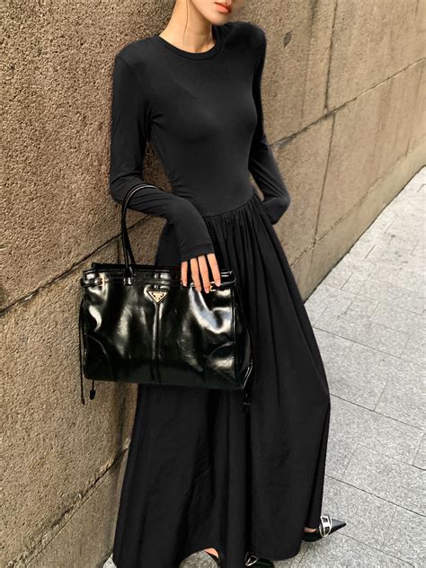 Plain Long Sleeve Pleated Dress Commense