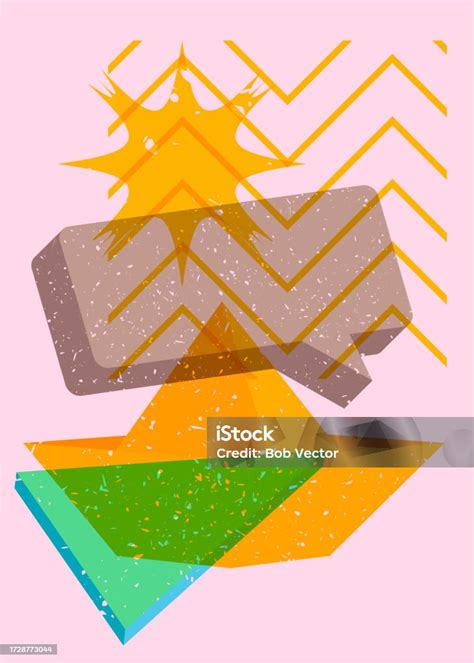 말풍선과 기하학적 모양이 있는 Risograph 종이 배송 트렌디한 리소 그래프 디자인의 기하학적 요소가 있는 종이접기 보트 공예에 대한 스톡 벡터 아트 및 기타 이미지