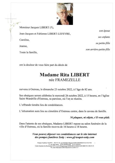 Madame Rita LIBERT Pompes Funèbres Toupet Sotty
