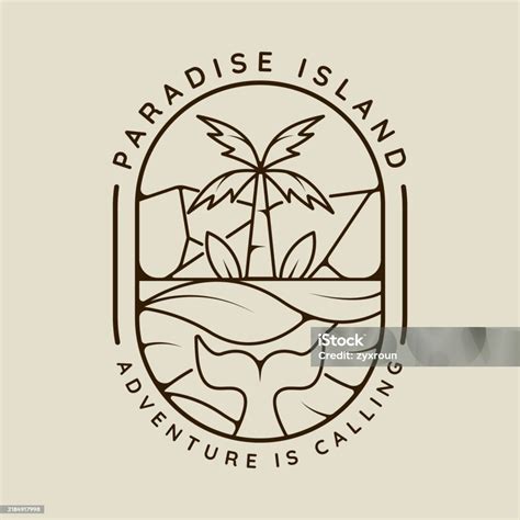 야자수와 서핑 해변 로고 라인 아트 간단한 미니멀리스트 벡터 일러스트 레이 션 템플릿 아이콘 디자인 파라다이스 섬과 코코넛 나무