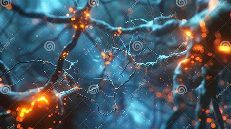 Neural Network Simulation With Orange Highlights Close Up Of Neural