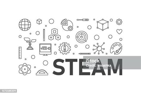 Steam 수평 최소 벡터 라인 그림입니다 과학 기술 공학 예술 및 수학 배너 식물 줄기에 대한 스톡 벡터 아트 및 기타 이미지