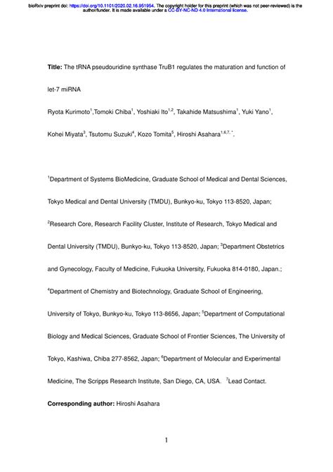 Pdf The Trna Pseudouridine Synthase Trub1 Regulates The Maturation And Function Of Let 7 Mirna