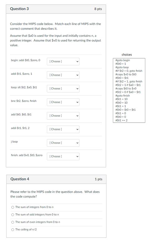 Solved Question 3 8 Pts Consider The Mips Code Below Match