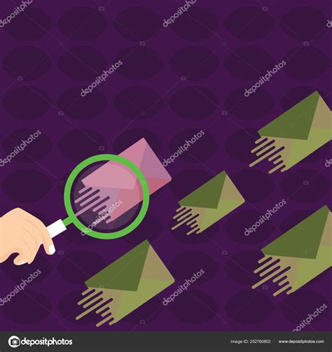Hand Holding Magnifying Glass Over One Envelope In Different Color