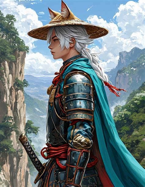 «Парень белые волосы кошачьи ушки броня самурая бирюзовый плащ вид … — картинка создана в