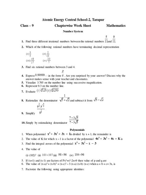 Chapterwise Work Sheet Class 9 Math Pdf Circle Triangle