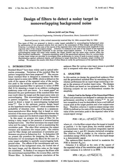 Pdf Design Of Filters To Detect A Noisy Target In Nonoverlapping