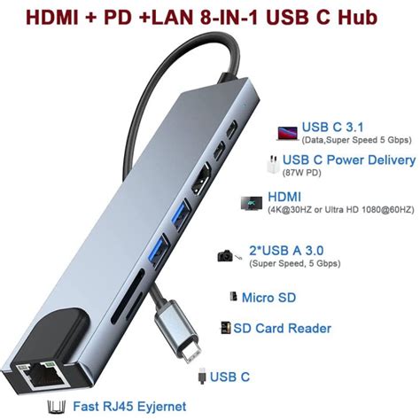 Usb C Hub Type C To K Hdmi Adapter With Ethernet Rj Sd Tf Usb C Data Pd Fast Charge