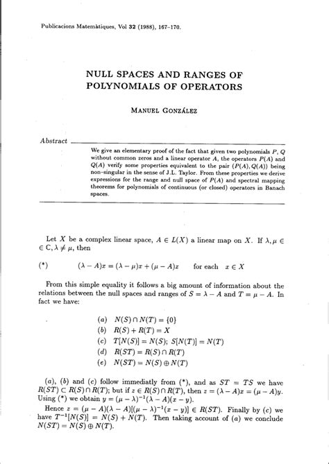 Pdf Null Spaces And Ranges Of Polynomials Of Operators