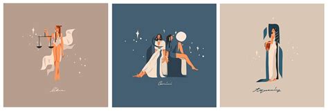 조디악 점성술 현대 공기 표지판 기호 컬렉션 세트 마법의 Boho 여성 캐릭터 클립 아트 Boho 디자인 여성 점성술 개념으로 손으로 그린 벡터 추상 그래픽 삽화 물병자리에