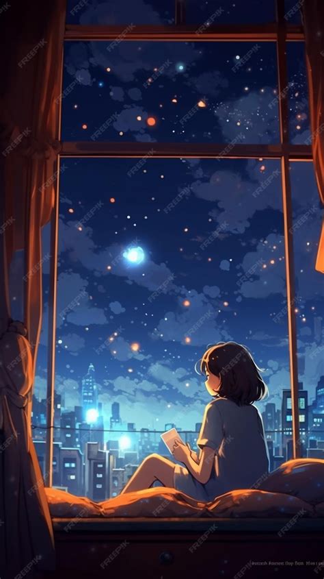 Premium Ai Image Anime Girl Sitting On A Bed Looking Out A Window At