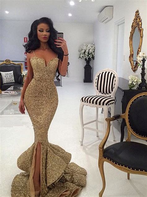 Sparkly Prom Dresses Spaghetti Straps Mermaid Gold Long Prom Dress Jkl